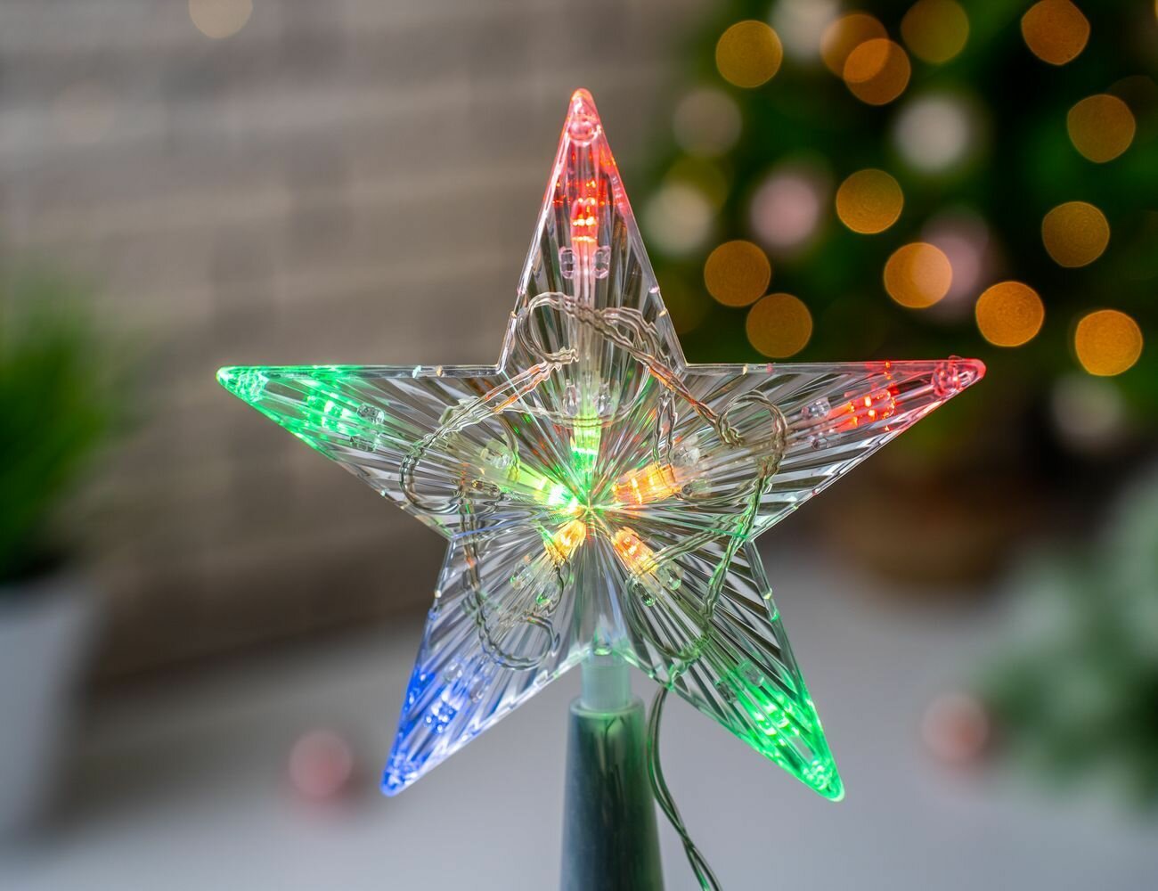 Светящаяся верхушка на елку звезда - радужные переливы, 16 см, 10 разноцветных LED ламп, на батарейках, IP20, Serpantin 201-1644