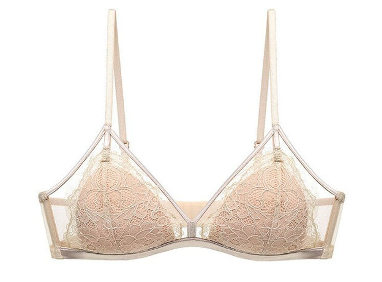 Сексуальный бюстгальтер без косточек с эффектом ресниц, французское кружевное белье, тонкий хлопковый бюстгальтер с треугольными чашечками и эффектом пуш-ап. Телесный цвет.
