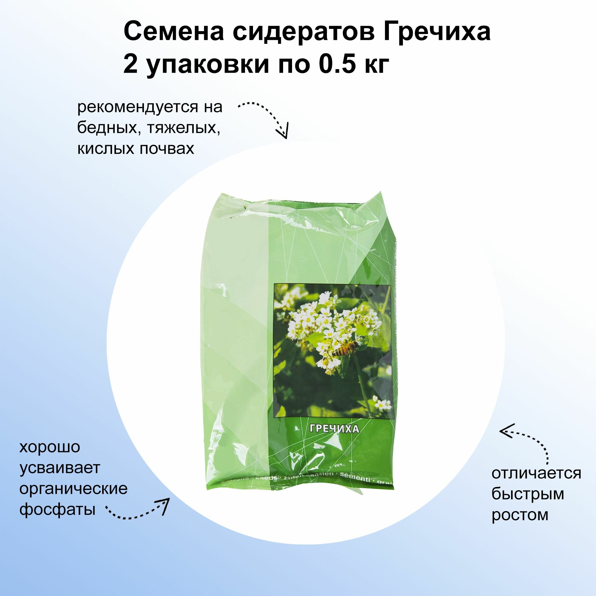 Семена гречихи 1 кг (сидерат) для кустарников для улучшения качества почвы. Отличается быстрым ростом, хорошо усваивает органические фосфаты и обогащает почву органическим веществом