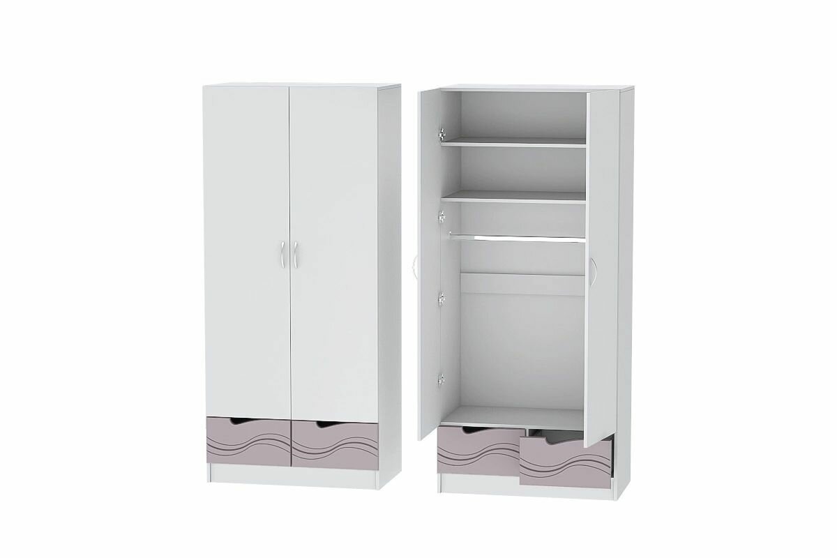 Шкаф 2-створчатый Бриз МДФ Ирис и Белый волна, ширина 90 см, с полками, со штангой, с ящиками, в спальню, в гостиную