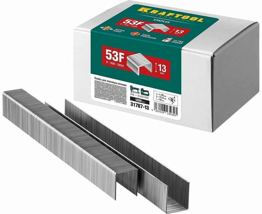 Скобы для степлера плоские, скобы тип 53F, 13 мм, KRAFTOOL
