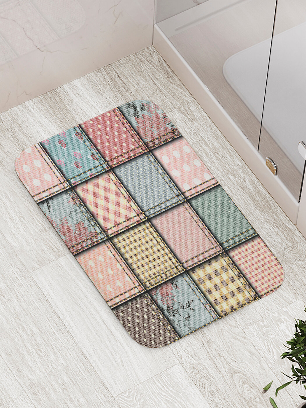 Коврик для ванной комнаты, туалета "Простроченный пэчворк" противоскользящий, 52х77 см, JoyArty