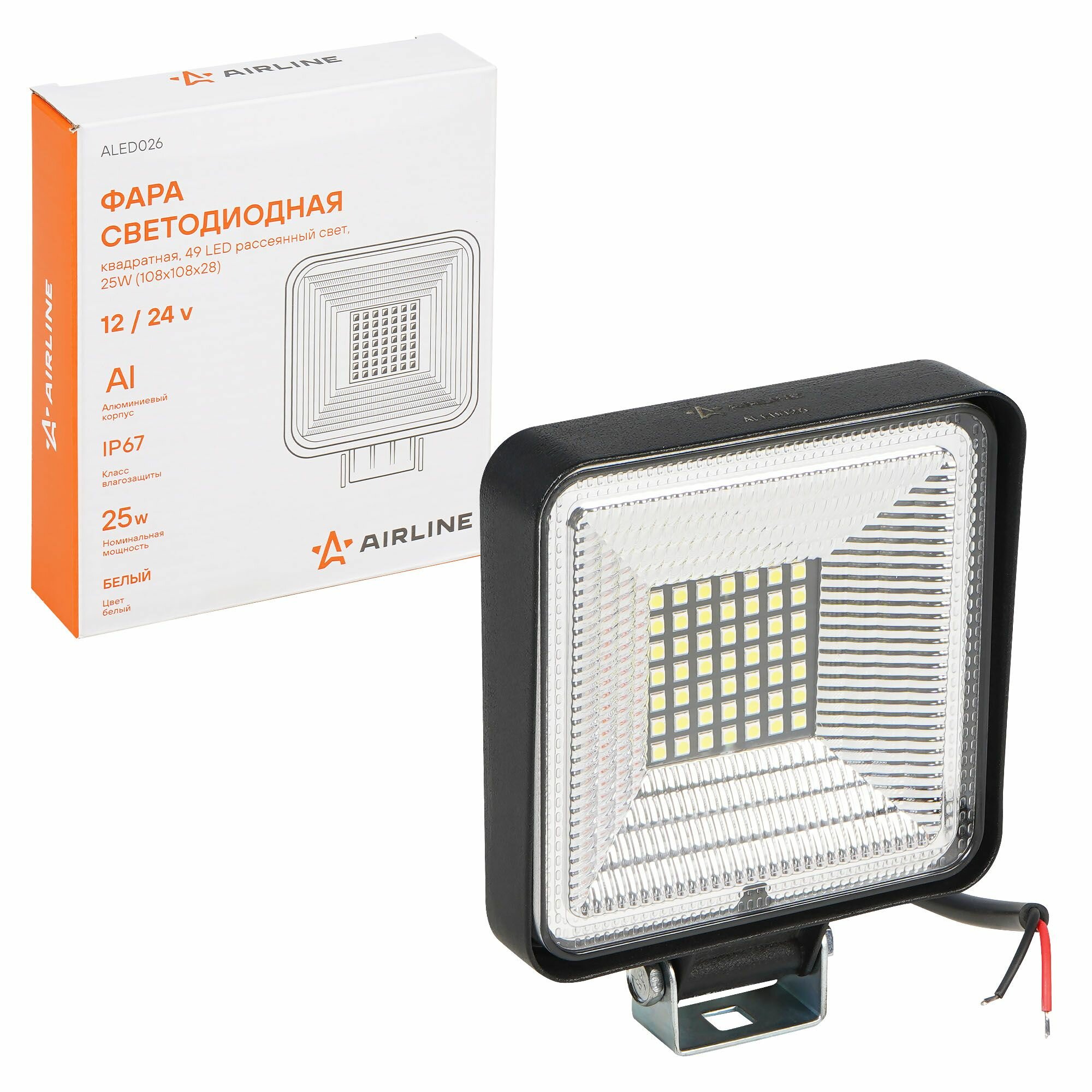 Фара светодиодная квадратная, 49 LED рассеянный свет, 12/24В, Plus, Airline ALED026
