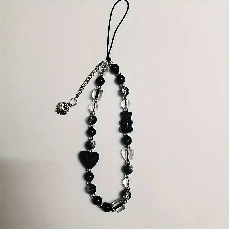 Черная клубничная цепочка для телефона с медведем Love, подвесной ремешок для ключей, ремешок для мобильного телефона, брелок для девочек, чехол для мобильного телефона, подвесная цепочка