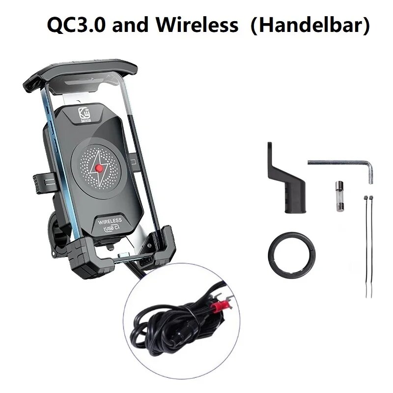 Держатель телефона на руль мотоцикла с беспроводной зарядкой QC3.0