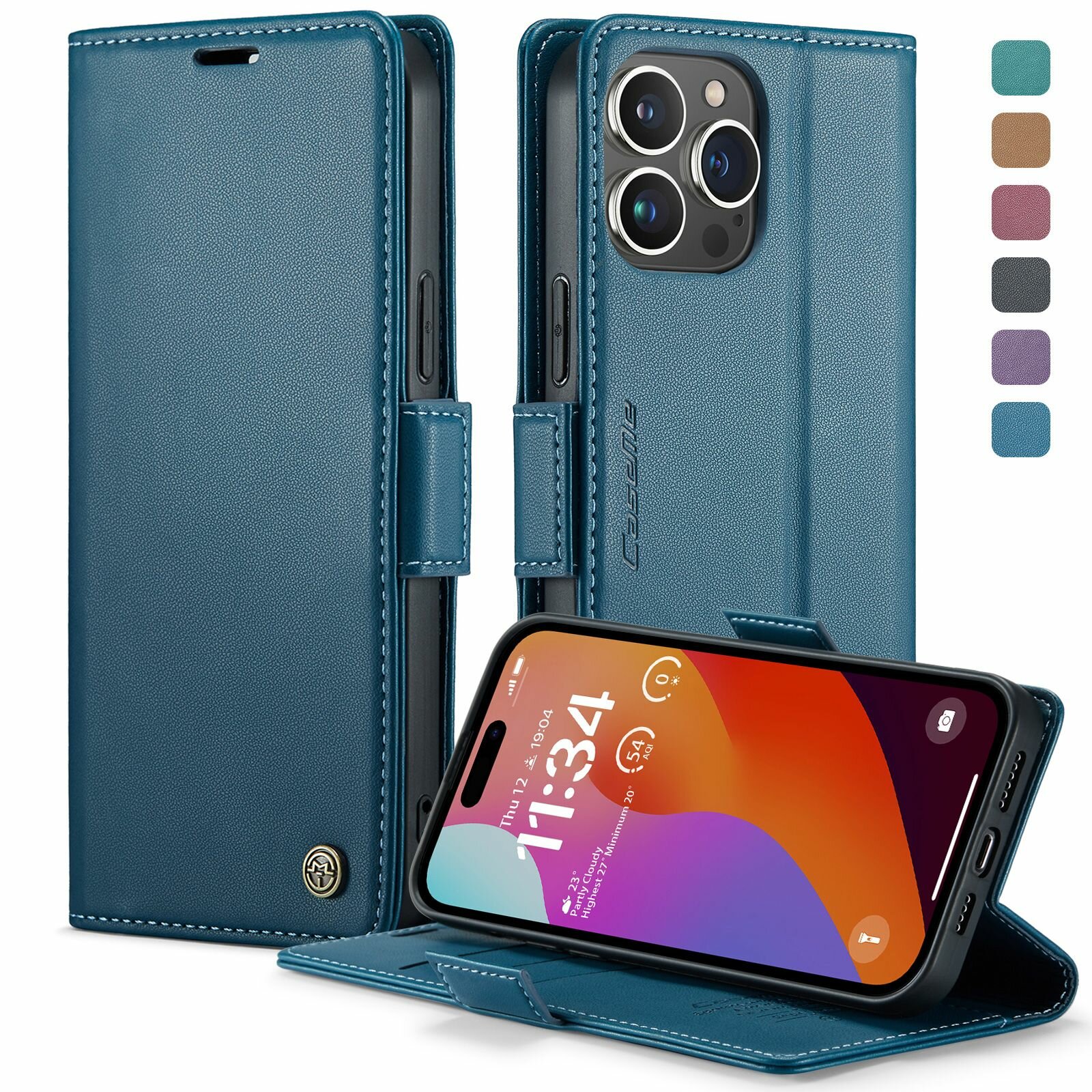 CaseMe Кожаный чехол для Apple iPhone 15 Pro / Aйфон 15 про RFID-блокировка, магнитная застежка, держатель для карт, подставка, противоударная, новинка