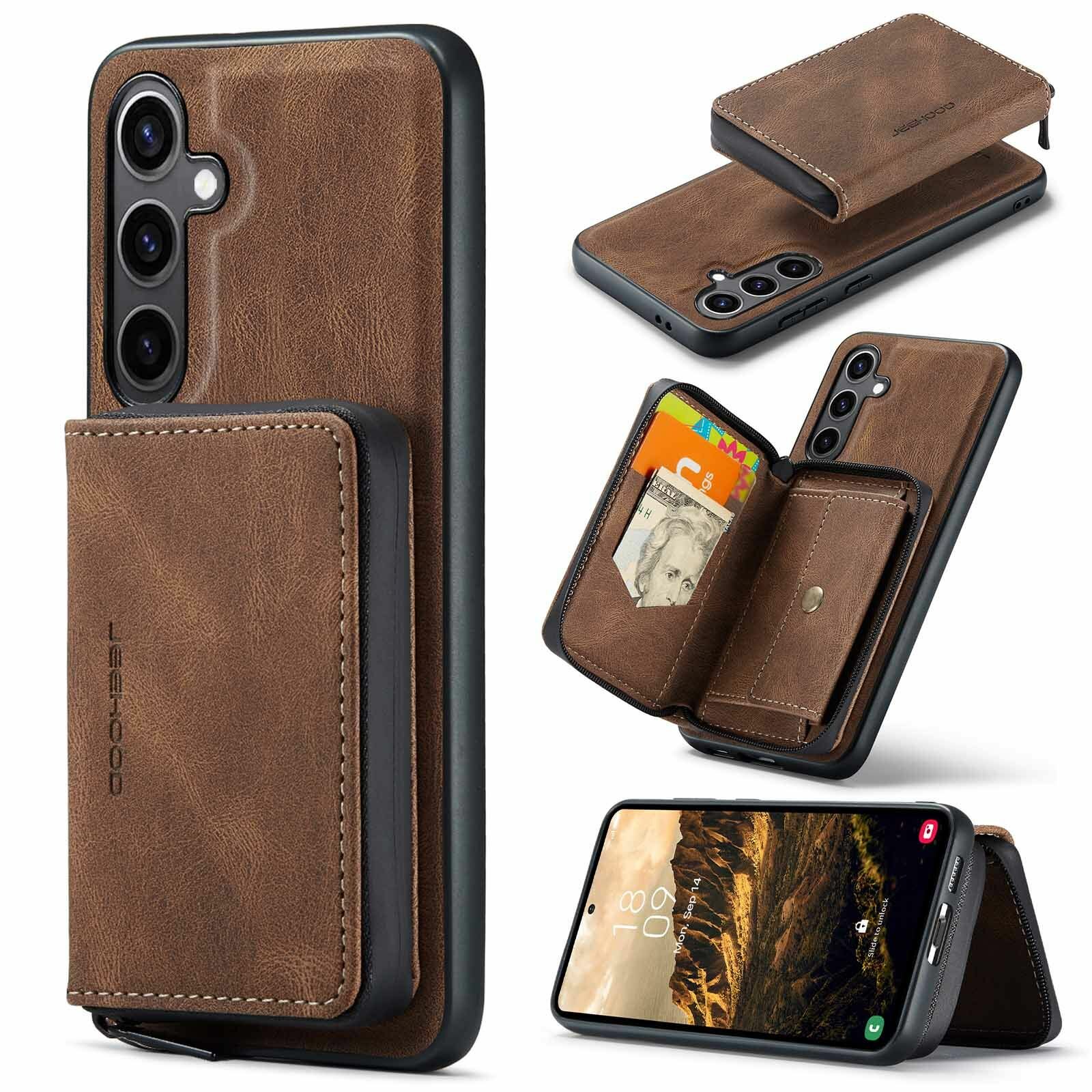 JEEHOOD Тонкий кожаный чехол для Samsung Galaxy S24 Plus / S24+ (Самсунг s24 plus, Самсунг галакси с 24 плюс, с24+) , защитный чехол для телефона, съемный чехол-кошелек с карманом