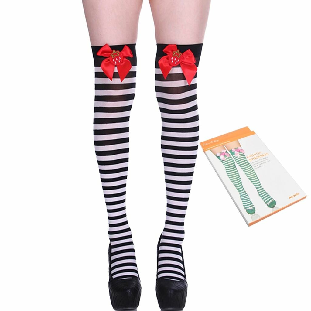 Высокие чулки-трубочки в рубчик с клубничным бантом от Lolita-в черно-белую полоску