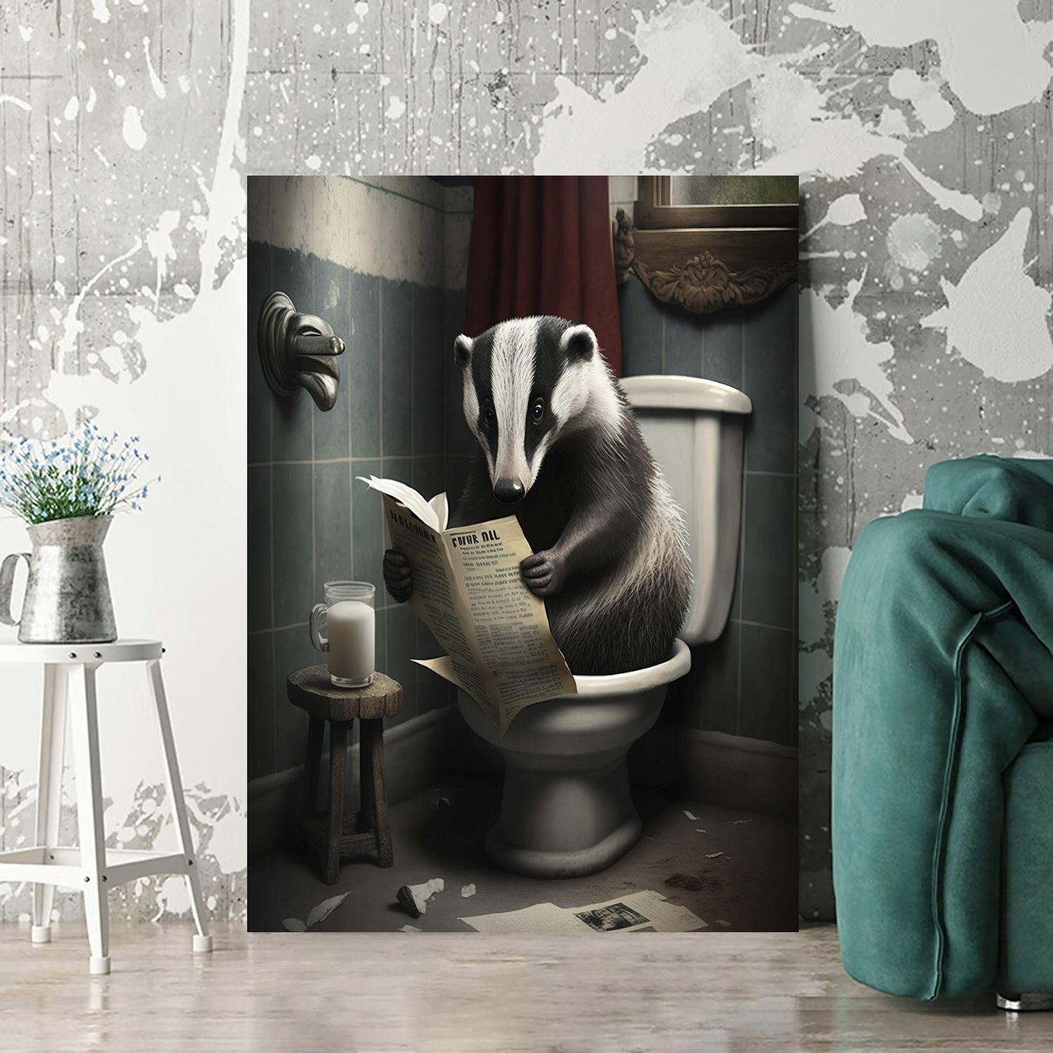 Картина в туалет, ванную комнату Барсук читает, 20х30 см.