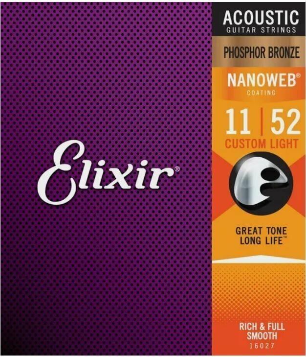 Струны 16027 для акустической гитары Elixir 11-52 Nanoweb