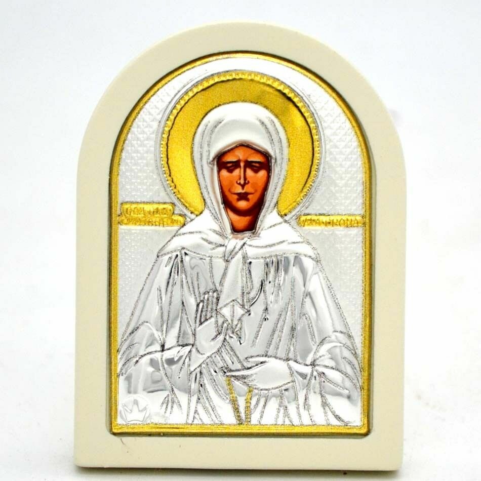 Святая Матрона Московская. Маленькая серебряная икона. (4 х 6 см / с позолотой на окладе, на светлом основании)
