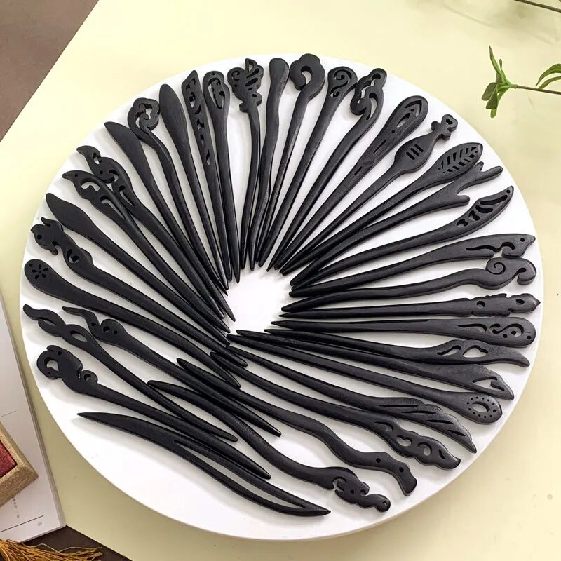 Деревянные черные палочки для волос Черный, 3pcs, MIX