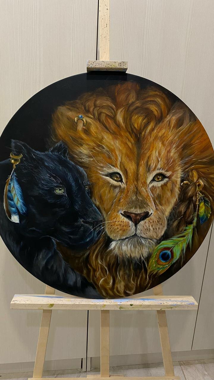 Картина "Лев и пума", холст, масло, 60x60 см