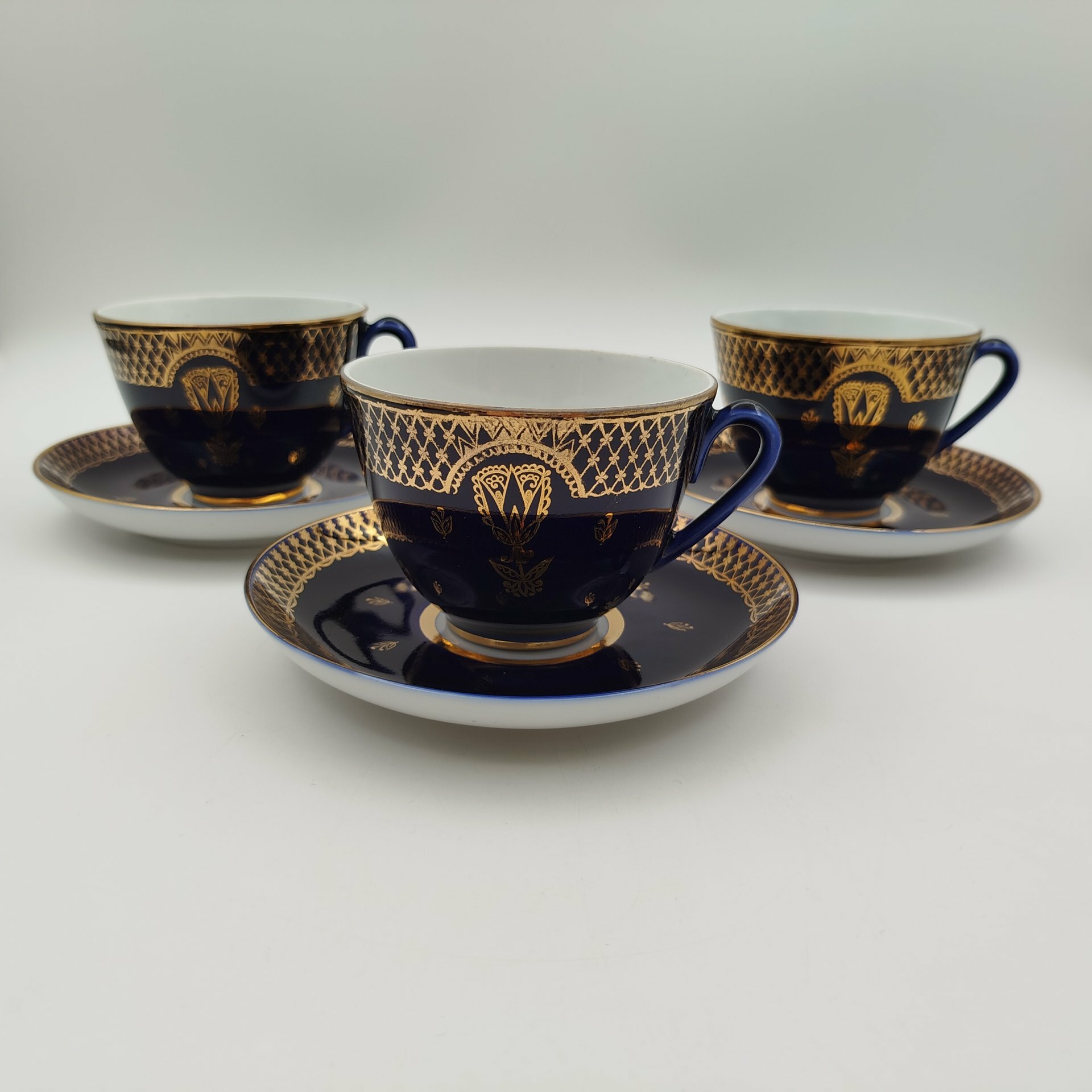 Набор чайных пар на 3 персоны с цветочным декором, фарфор, крытье кобальтом
