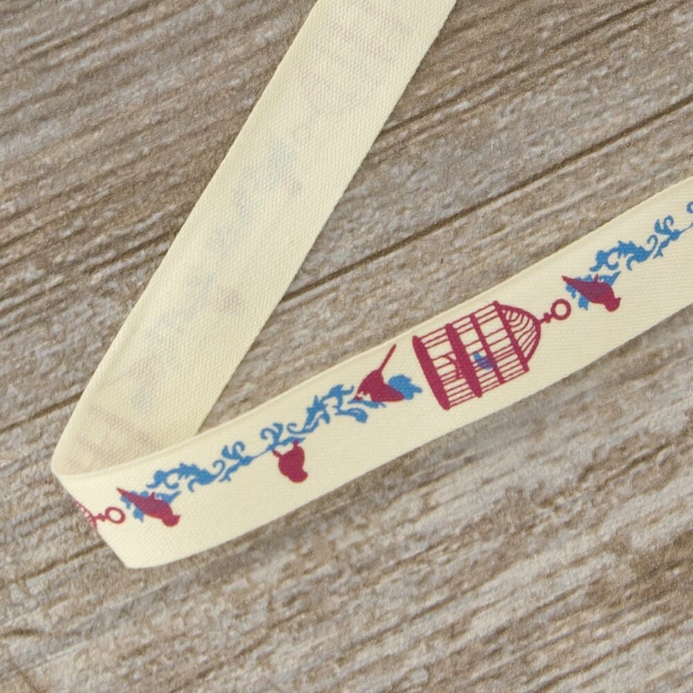 Лента хлопковая HEMLINE "Bowtique", Клетка для птиц, голубая, 5 м, на картонной мини-катушке