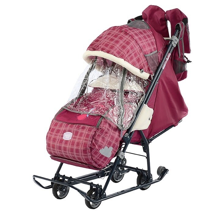 Санки-коляска Ника детям "Наши детки 5-2", вишневый, в клетку, ремень безопасности (НДТ5-2/1)