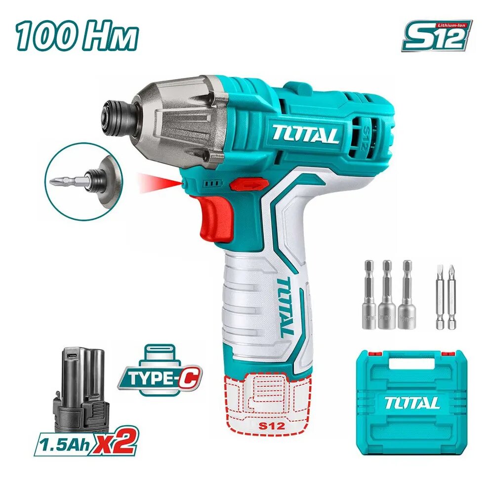 Аккумуляторный ударный винтоверт Li-ion 12V, 1.5Ah (кейс, 2 аккумулятора, набор бит) TOTAL TIRLI12015