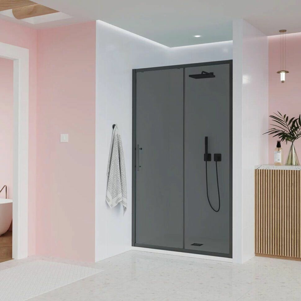 Душевая дверь в нишу Veconi Evo Grey matte раздвижная, 150х195 см, стекло тонированное матовое, профиль брашированный графит E1-GR-150-12-C9