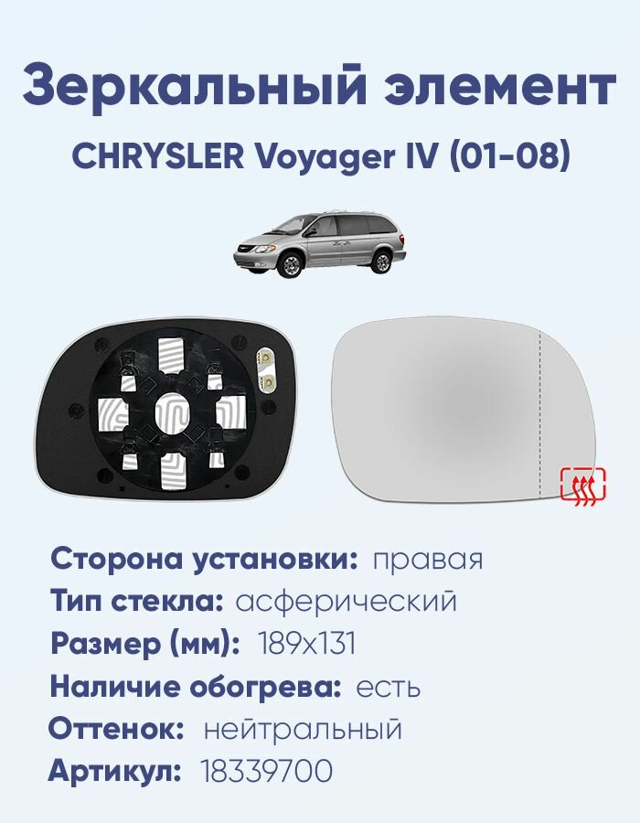 Зеркальный элемент правый CHRYSLER Voyager IV (01-08) асферика нейтральный с обогревом
