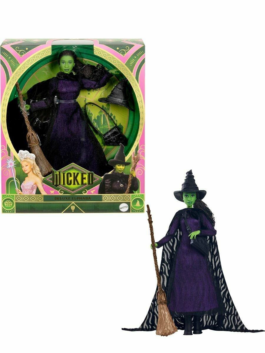 Барби, коллекционная, Barbie, Mattel Universal Wicked Deluxe Elphaba Fashion Doll/ Классическая модная магическая кукла-ведьма с волшебной шляпой, метлой, подставкой для куклы, игрушки для девочек