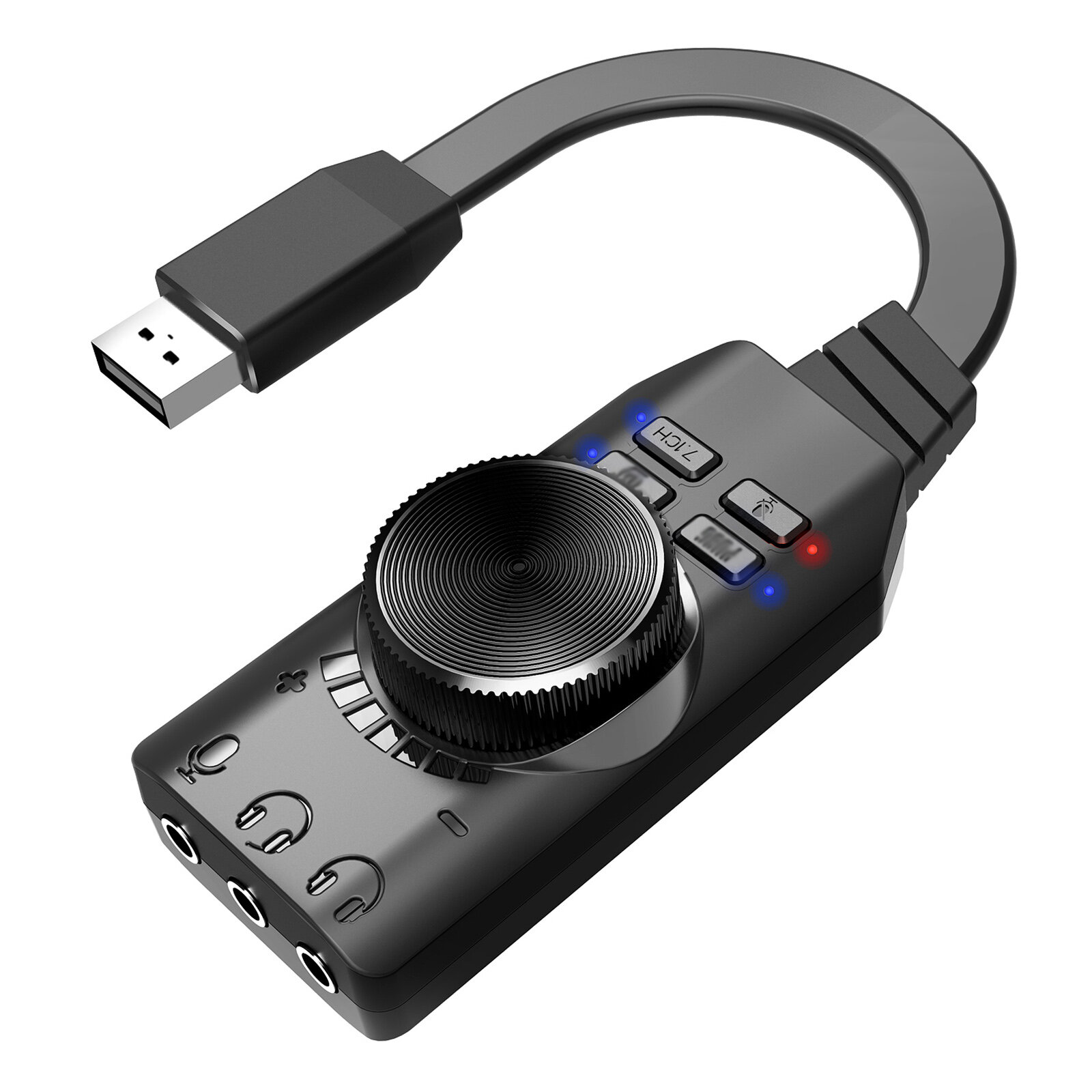 Звуковая карта внешняя GS3 USB 2.0 Virtual 7.1 Channel адаптер со стереоджекой для наушников и микрофона с регулятором громкости и кнопкой отключения микрофона для настольных ПК и ноутбуков, черный цвет, размер 18.1*3.4*2.2 см, вес 31 г, версия Upgrade