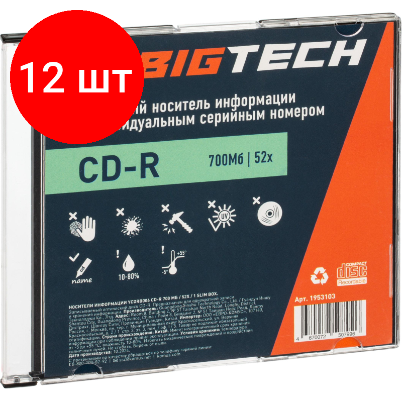 Комплект 12 штук, Носители информации Bigtech YCDRB006 CD-R 700 МБ/52х/1 slim box