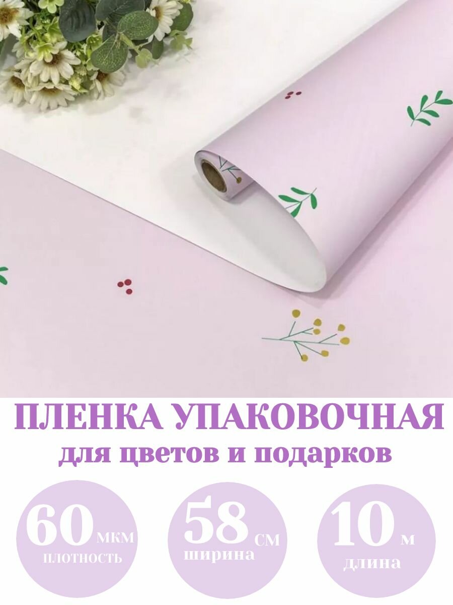 Пленка для цветов и подарков, рулон 0.58х10м. 60мкм. Матовая "Веточки"
