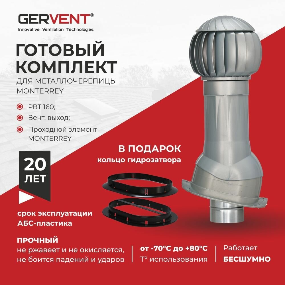 GERVENT Система вытяжной вентиляции для металлочерепицы Monterrey+ кольцо гидрозатвора, серебряный