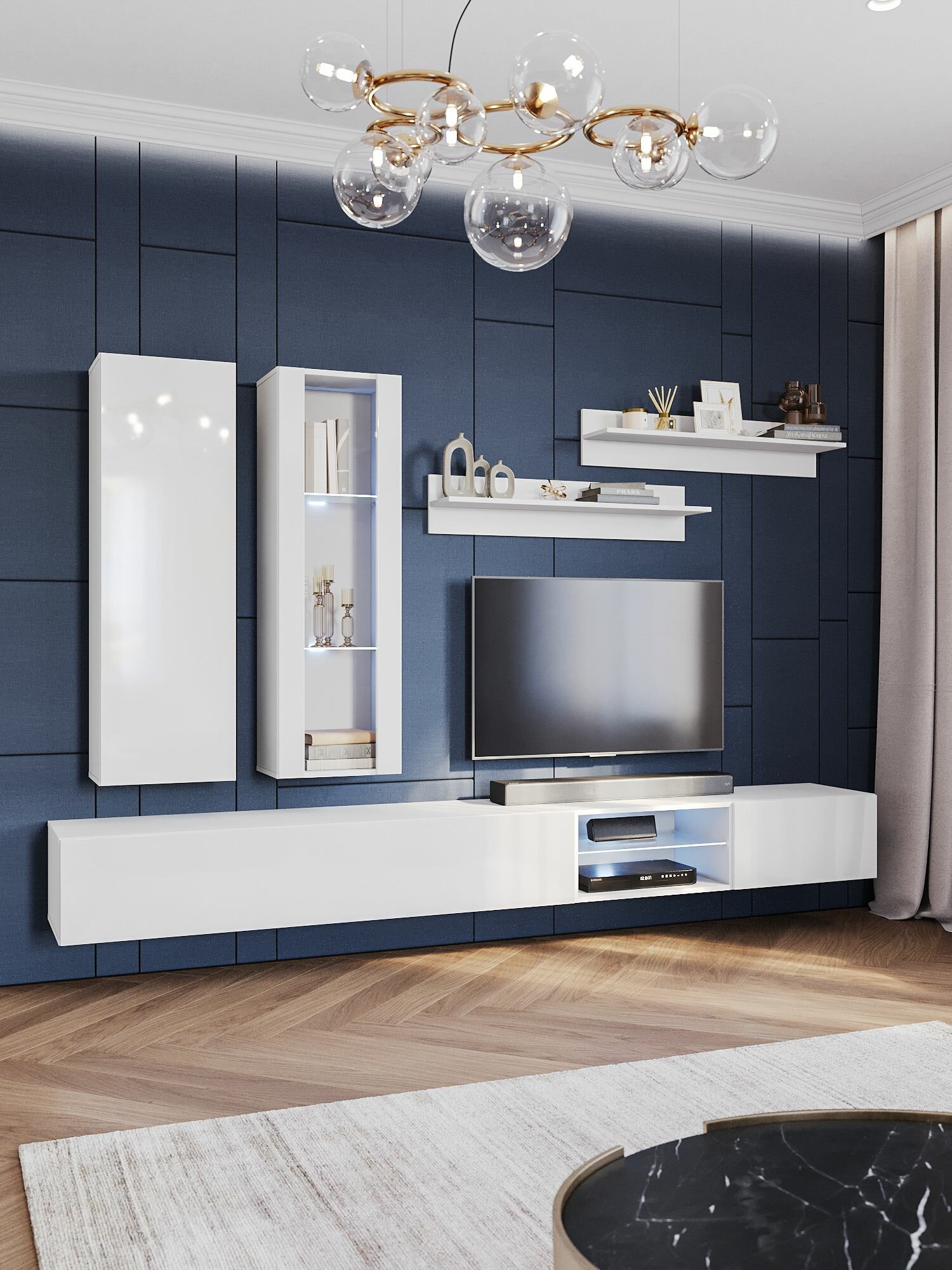 Стенка в гостиную, стенка для гостиной Point-К23, тв тумба подвесная , Белый глянец, 280х156х40 см. (ШхВхГ)