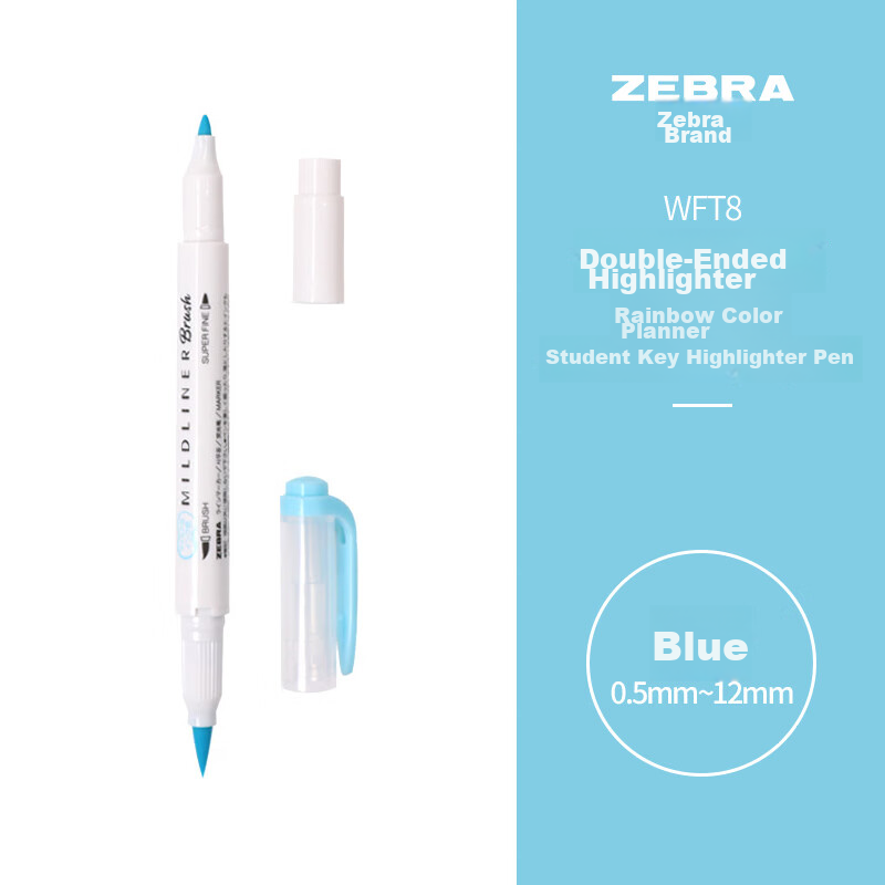 ZEBRA Dual-Tip Highlighter Pen, Rainbow Color Planner Pen, Student Highlighting Pen, Marking Pen, Brush Soft Color Series, WFT8, Blue