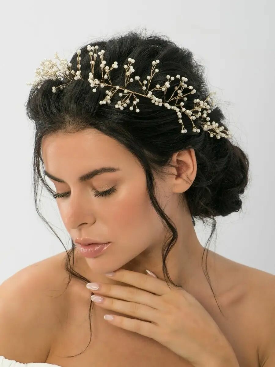 Диадема LUMINA для волос, бижутерный сплав и искусственный жемчуг, золотистая