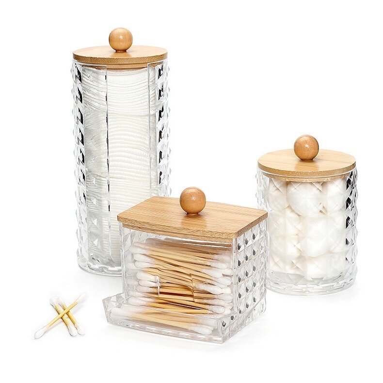 Органайзер для ватных дисков, с бамбуком, круглый, прозрачный, 3шт