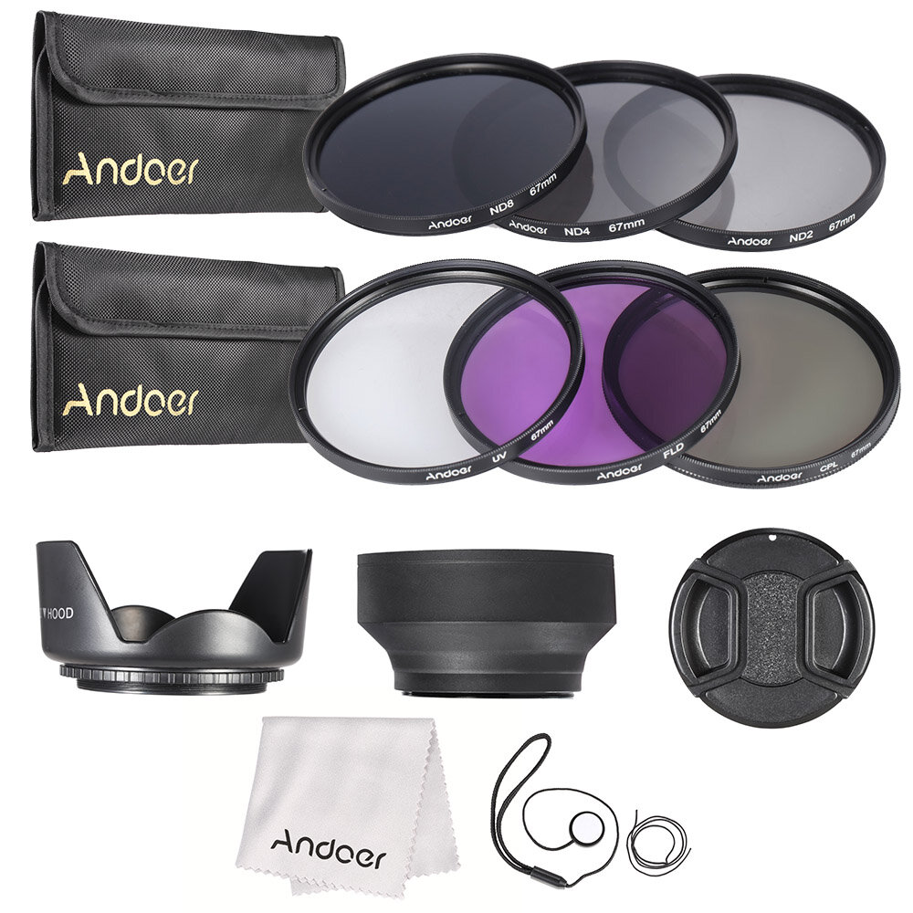 Комплект фильтров для объектива Andoer 67 мм UV+CPL+FLD+ND(ND2 ND4 ND8) с чехлом для переноски / крышка объектива / держатель крышки объектива / бленды Tulip и Rubber / салфетка для очистки