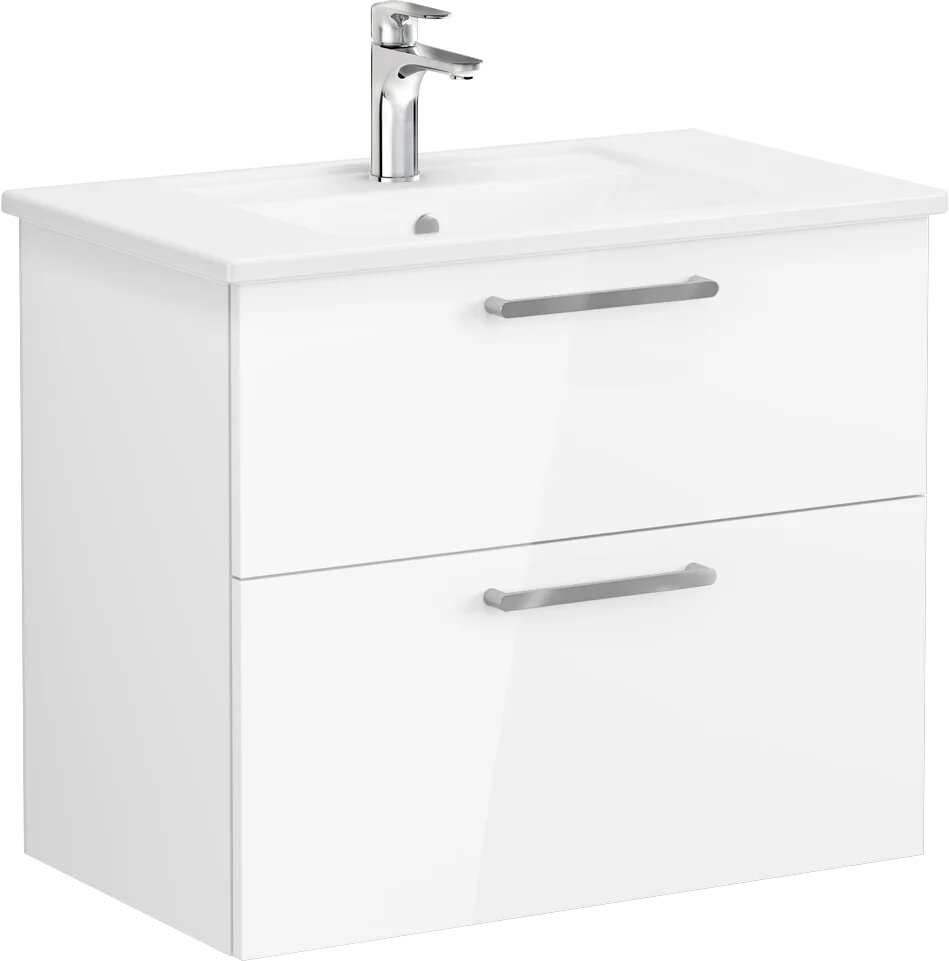 Тумба с раковиной VitrA Root Flat подвесная, 80 см, белая, глянцевая, из МДФ, с ящиками, раковина для ванной фаянсовая, прямоугольная, с сифоном