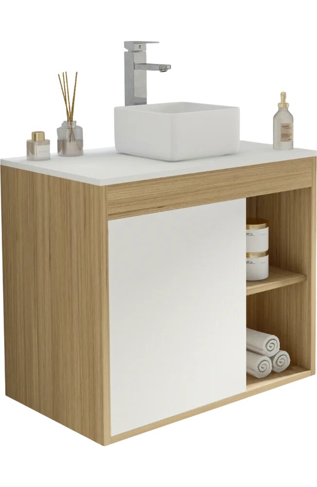 Тумба с раковиной Teymi Nura 70 подвесная, 70 см, белая, светлое дерево, матовая, из МДФ, с дверками, раковина для ванной, фарфоровая