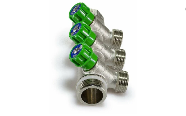 TIM Коллектор с вентилями никель 135° ЕК 3/4" х 3/4 (евроконус) - 3 выхода MR135N-3/4-3E