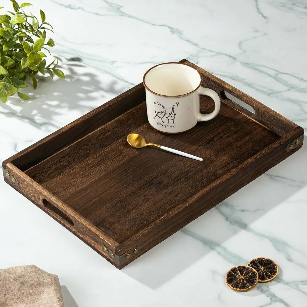 Деревянный поднос Daniks, прямоугольный, с ручками, 40 см x 28 см x 4 см