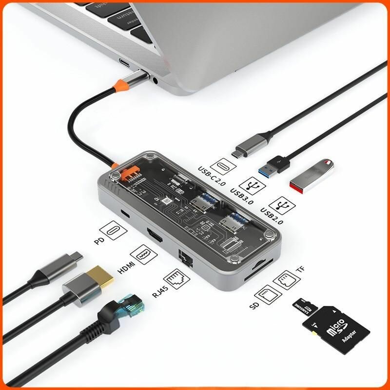 8-в-1 Прозрачный USB-C Хаб с 4K HDMI, Ethernet и кардридером универсальный переходник для ноутбука, MacBook и телефона