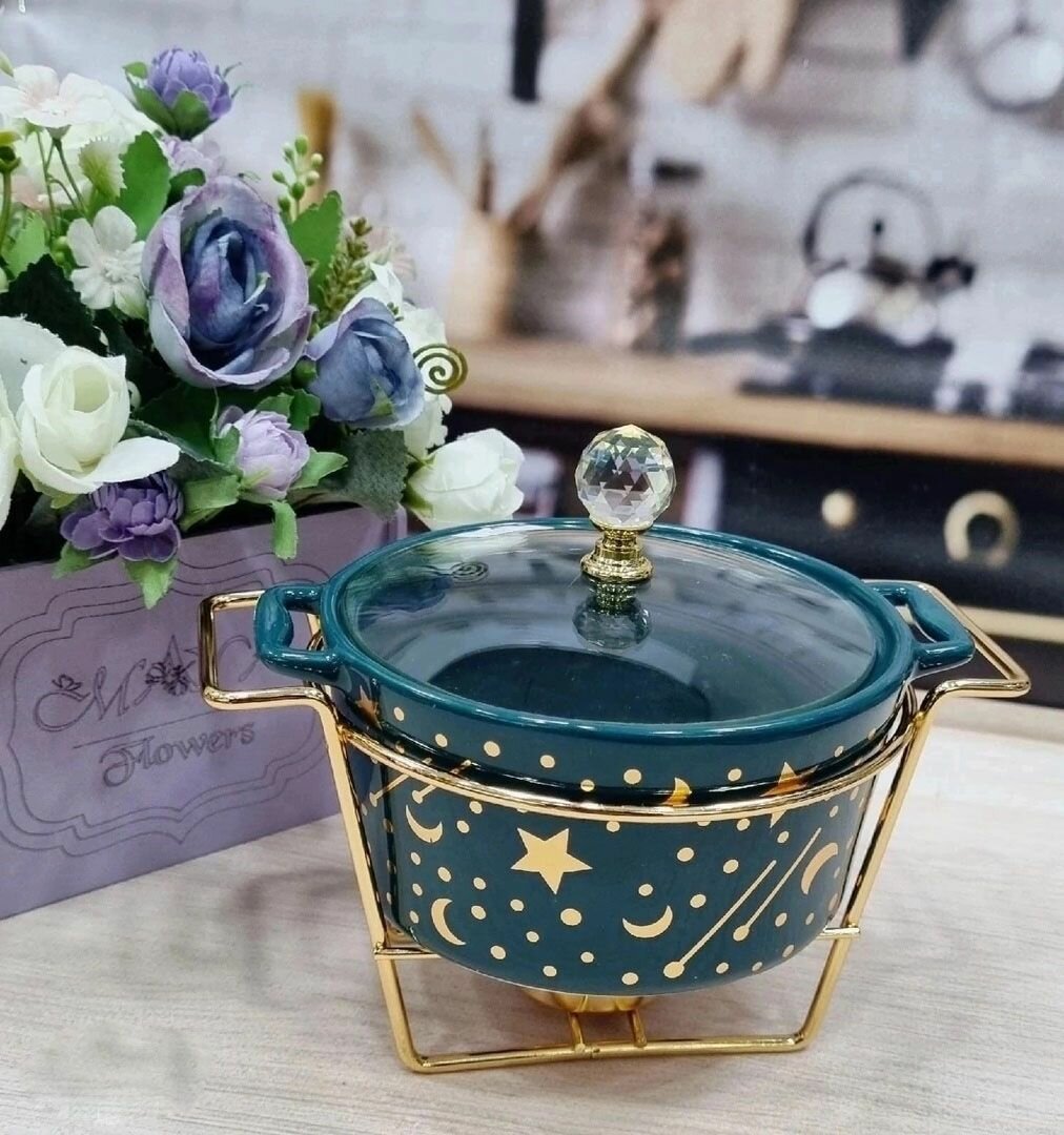 Кастрюля фондюшница на подставке 500мл, набор для приготовления фондю, кастрюля керамическая.