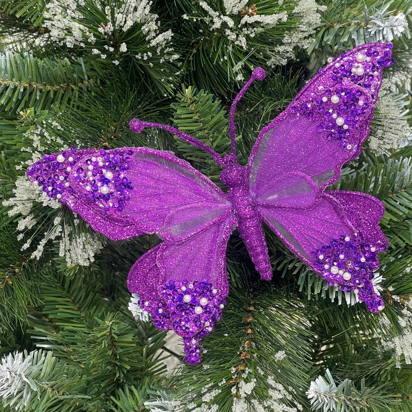 Украшение новогоднее "Бабочка – изящный полет", фиолетовая, текстиль, 24.5х9х17см, для ёлки