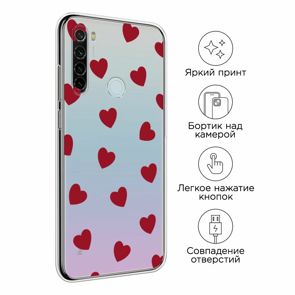 Чехол на Xiaomi Redmi Note 8T / Сяоми Редми Нот 8Т с принтом "Бордовые сердечки паттерн - 14 февраля", прозрачный — фото 1