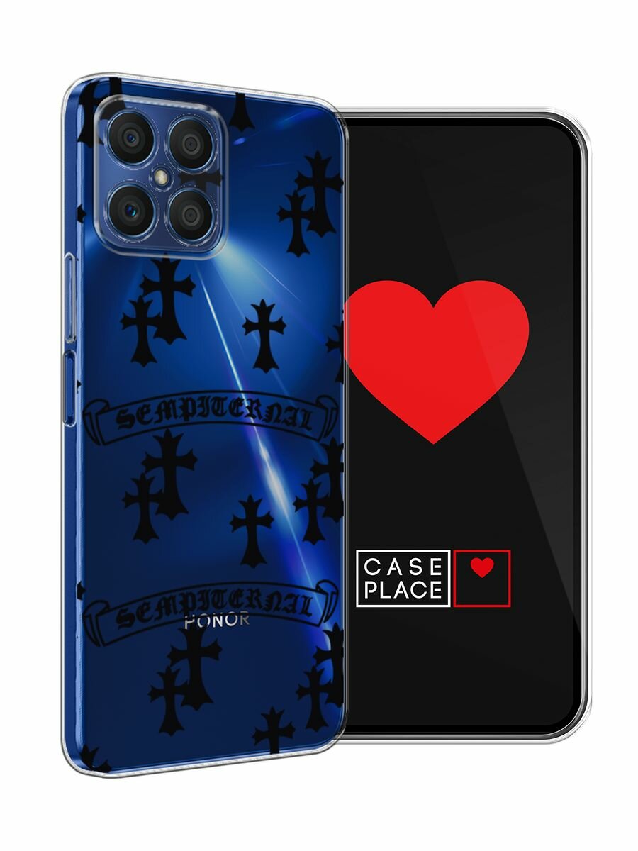 Чехол на Honor X8 / Хуавей X8 с принтом "Кресты паттерн чёрный", прозрачный — фото 1