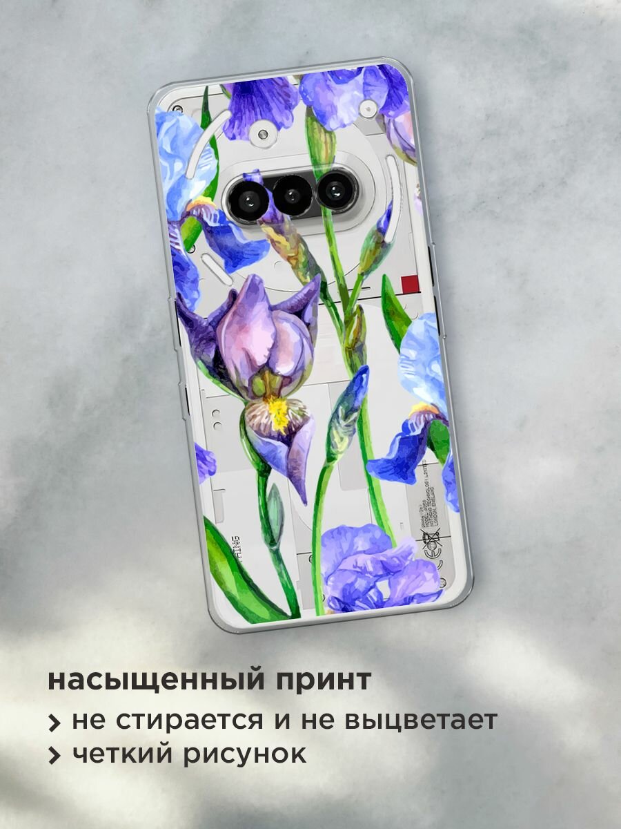 Чехол на Nothing Phone 3a / Нотинг Фон 3а с принтом "Синие ирисы", прозрачный — фото 1