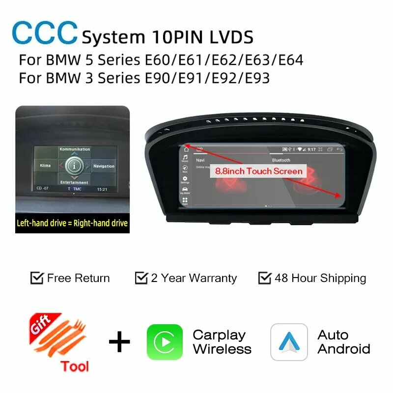 Беспроводной сенсорный экран Carplay IPS Linux для BMW 3 5 серии E60 E61 E62 E63 E90 E91 E92 Автомобильный радиоприемник Мультимедийный плеер Стерео GPS BT 8.8 CCC System