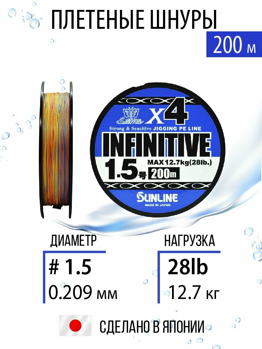 Плетёный шнур для рыбалки Sunline INFINITIVE x4 #1.5/28lb 200m Multi Color леска рыболовная