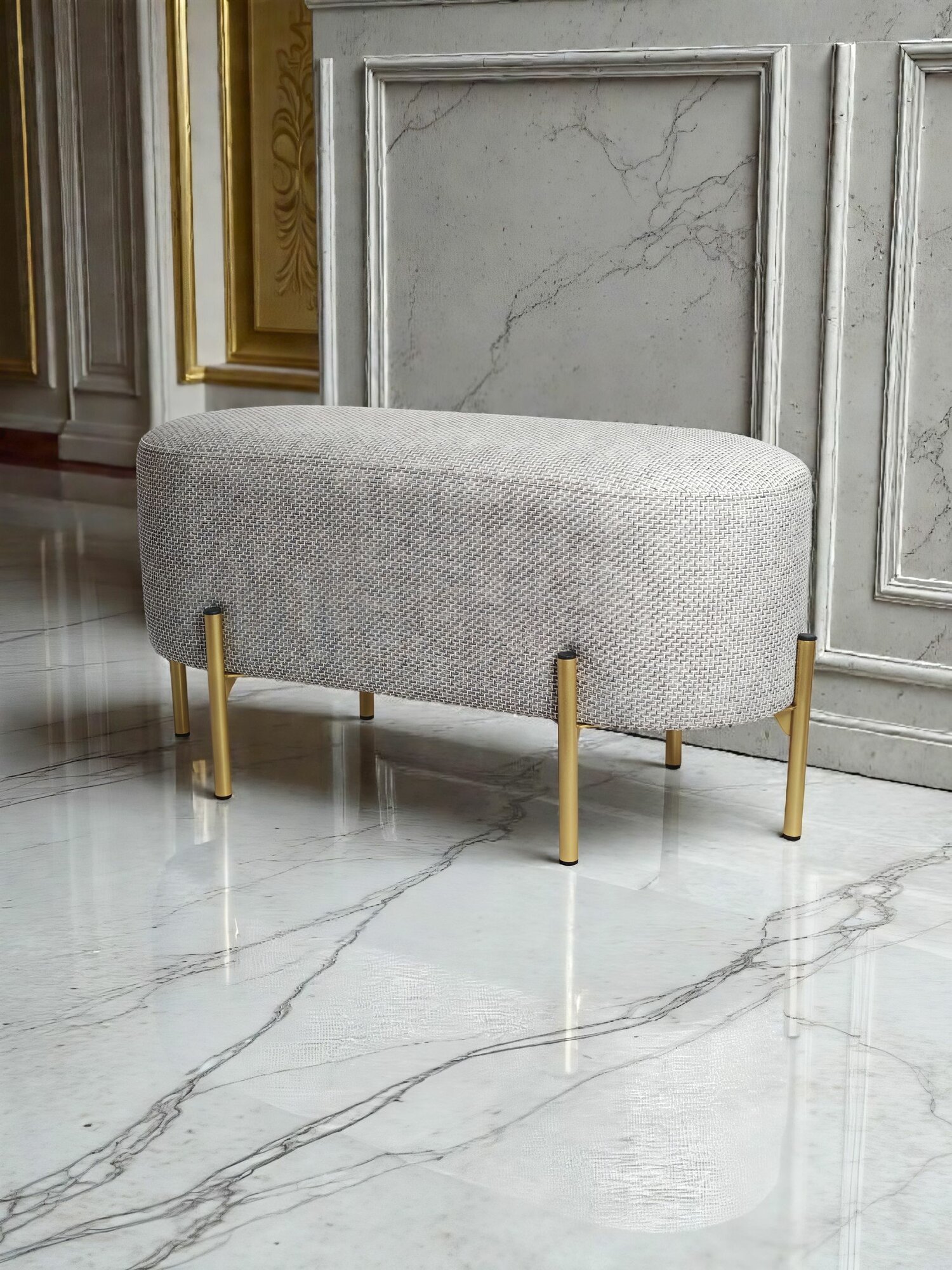 Банкетка для туалетного столика, пуф дизайнерский в гостиную, спальню с ножками с золотым покрытием, овальный 78х42x32, серый рогожка