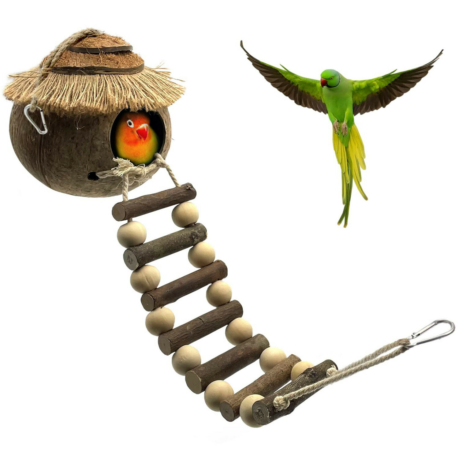 Гнездо для птиц, кокосовое гнездо, теплый кокосовый скорлупа, гнездо для птиц с лестницей, подвесной дом для птиц, инвентарь для ландшафта внутри клетки для птиц, 1 шт подвесной дом для птиц со ступеньками, натуральный кокосовый волоконный продукт, для