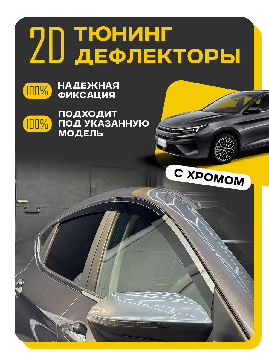 Плоские тюнинг дефлекторы с хромом для окон Москвич 6 (2023-2025) Ветровики 2d дефлекторы. Комплект 6 шт.