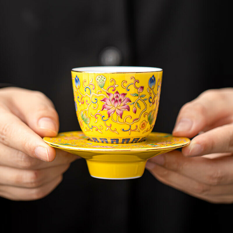SUSHI CERAMICS Enamel Palace Style Ceramic Personal Tea Cup and Saucer Gift Set (Yellow)