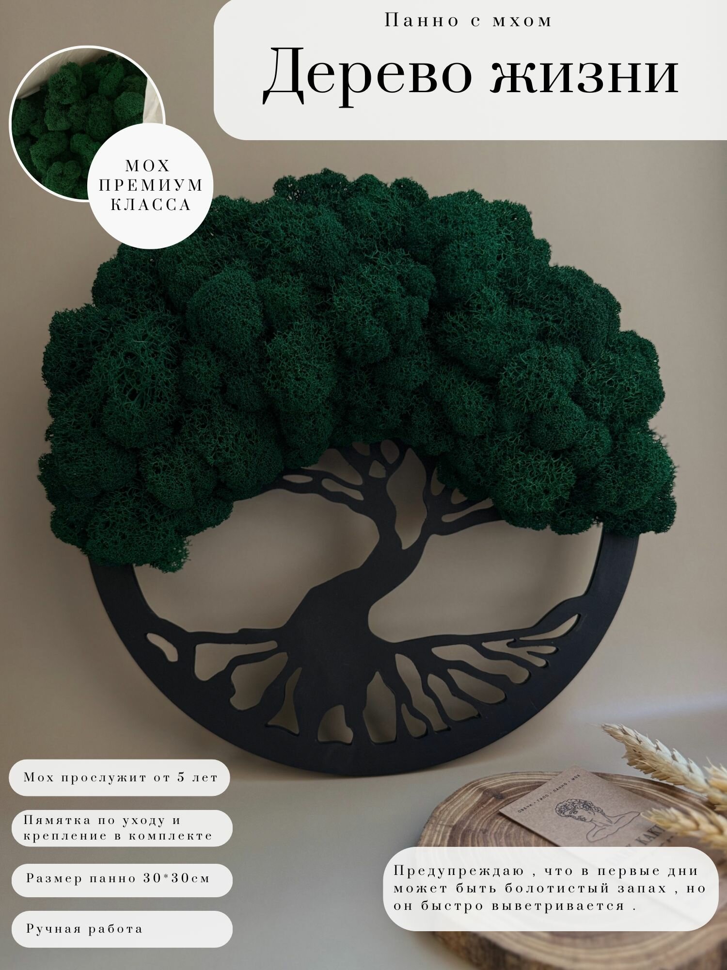 Панно "Дерево жизни", стабилизированный мох, фанера, черное, 30 см